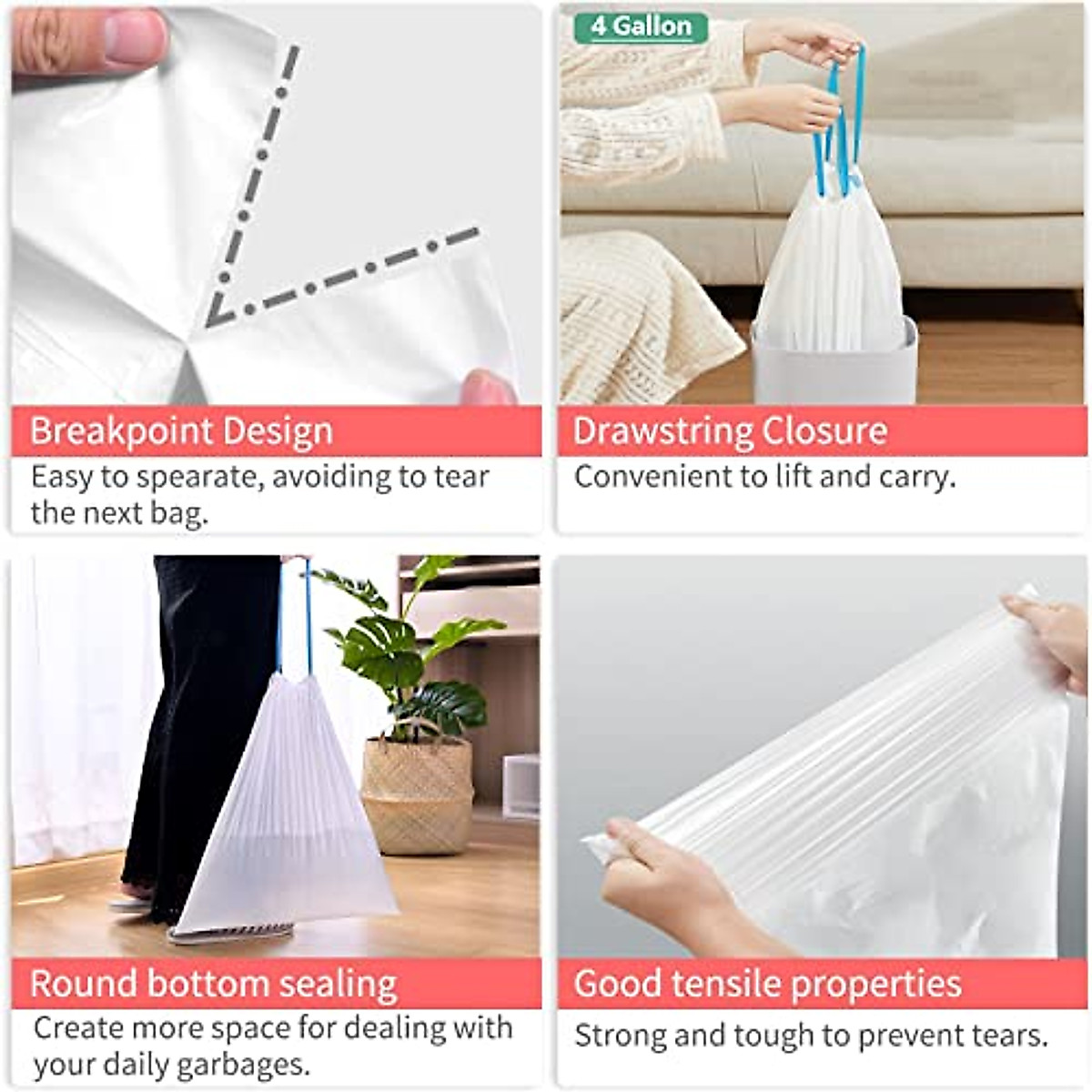 75 Count Small Trash Bags/4 Gallon Drawstring Trash Bags Extra Thick Drawstring Garbage Bags Wastebasket Bin Liners Plastic Trash Bags for Bathroom, Bedroom, Office, Car, Kitchen, Home -White