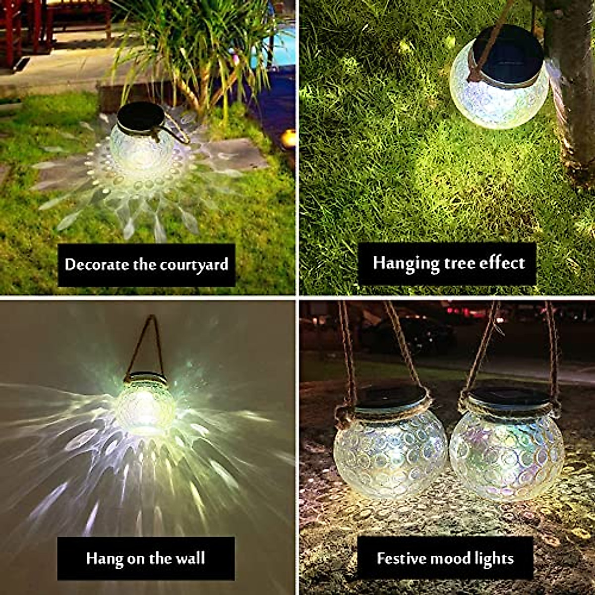 2 Pack Solar Lantern Crackle Glass Ball, LED Solar Outdoor Garden Hanging Light Solar Powered Waterproof Landscape Lanterns for Shepherd Hook, Garden Décor