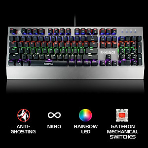 ENHANCE LED Mechanical Gaming Keyboard - Red Switches 104 Backlit Keys Pro Series FPS/MOBA Brushed Aluminum Metal - Anti Ghosting, N-Key Rollover, 10 Lighting Modes - Scoria Tournament Keyboard