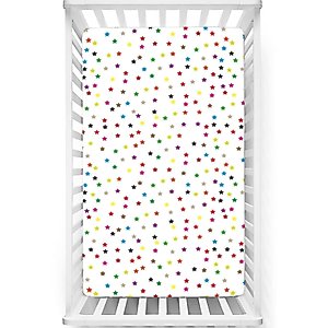 Stars Themed Fitted Mini Crib Sheets,Portable Mini Crib Sheets Soft and Breathable Bed Sheets-Baby Crib Sheets for Girl or Boy,24“ x38“,White Multicolor