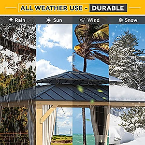 EROMMY 13'x15' Wood Gazebo, Outdoor Hardtop Gazebo Pavilion with Netting and Curtains, Spruce Wooden Frame Double Roof Metal Canopy for Patio Backyard Deck Garden