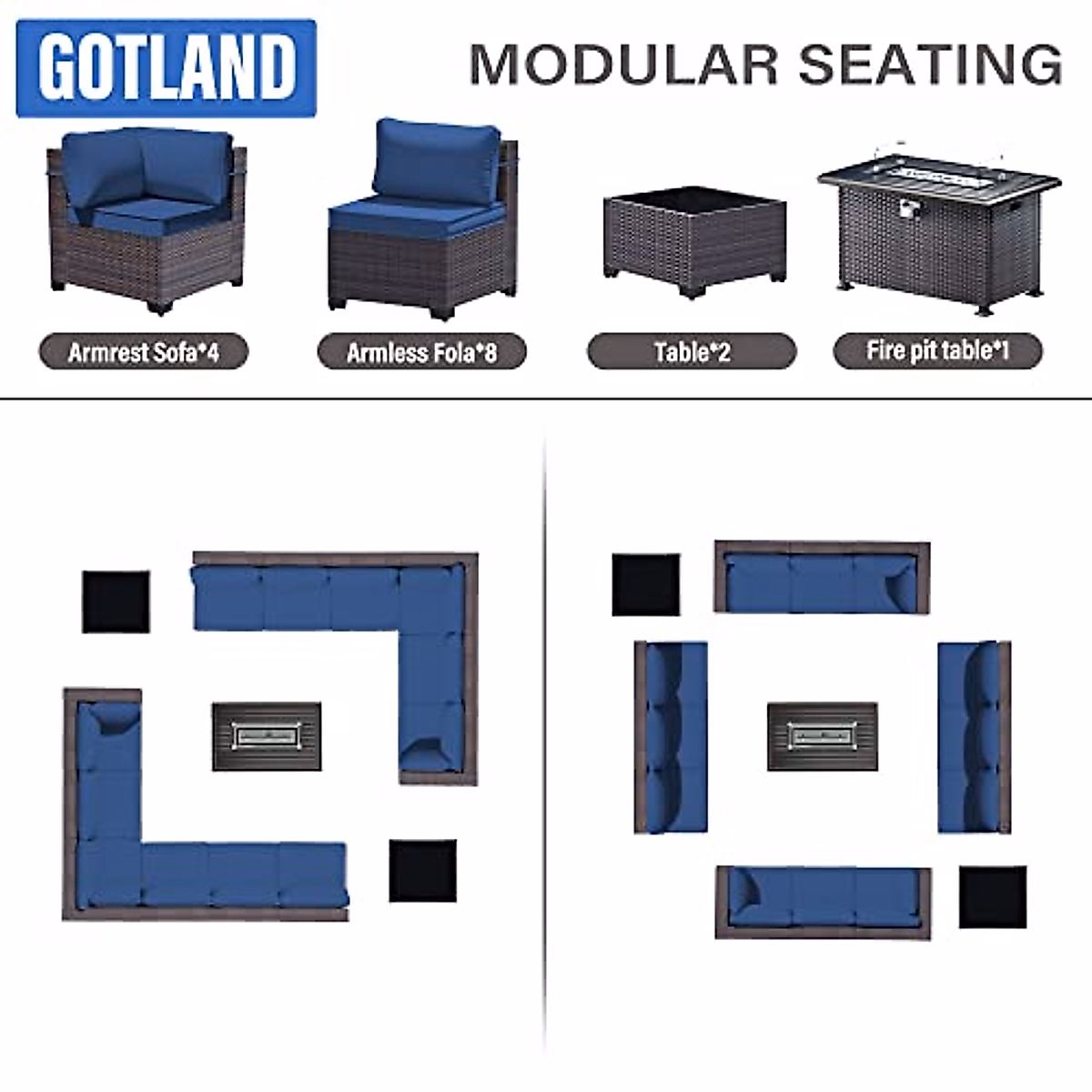 Gotland 15 Piece Outdoor Patio Furniture Set with Gas Fire Pit Table Patio Furniture Sectional Sofa w/43in Propane Fire Pit, 55,000 BTU Auto-Ignition Firepit w/Glass Wind Guard…