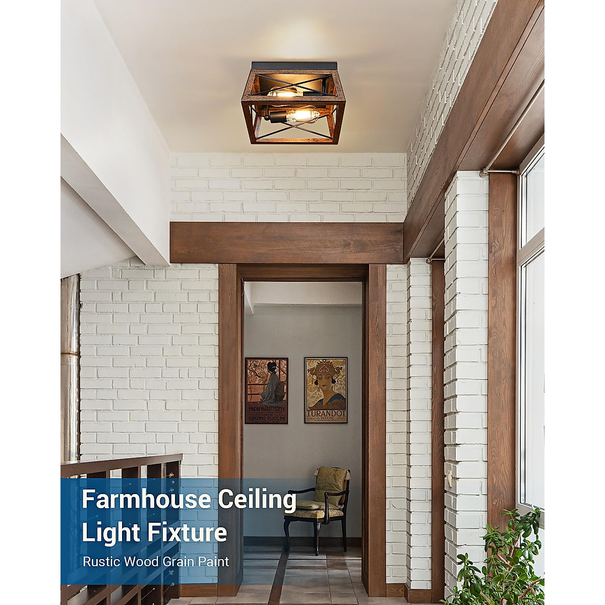 DEWENWILS Farmhouse Metal Flush Mount Light Fixture with Wood Grain Finish, 2-Light Ceiling Lamp for Kitchen, Hallway, Entryway, Foyer