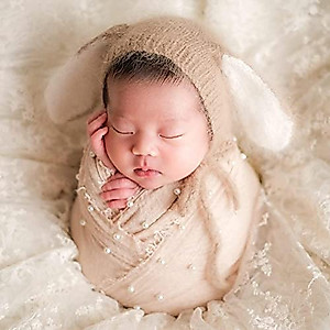 4 PCS Newborn Photography Props Wrap Knit Handmade Pearl Decor Wrap Blanket Swaddle Baby Photo Props Baby Photoshoot Props Prop 2PCS Newborn Photography Wraps + 2PCS Headband(Snow Powder/Beige)