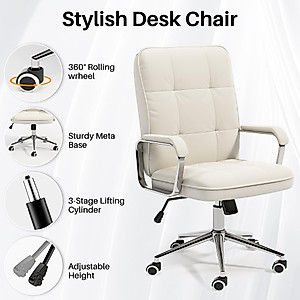 HomeZeer Home Office Desk Chair, Swivel Computer Desk Chair with Wheels and Padded Arms, Soft Leather, Adjustable Height and Tilt (White)