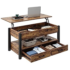 Osfvolr Lift Top Coffee Table, Coffee Table with Storage Drawers and Adjustable Metal Legs, Vintage Wood Living Room Tables with Hidden Compartment and Open Shelf, Brown