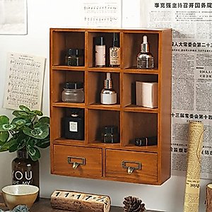 Gdrasuya10 Wooden Floating Shelves, Rustic Shadow Box Display Shelf with 9-Slot Retro Display Storage Rack Shelf with 2 Drawers for Kitchen Bedroom