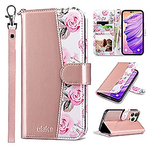 ULAK Compatible with iPhone 14 Pro Max Wallet Case for Women with Credit Card Holders, Designed Flip PU Leather Kickstand Shockproof Protective Cover for iPhone 14 Pro Max 6.7 inch 2022, Rose Gold