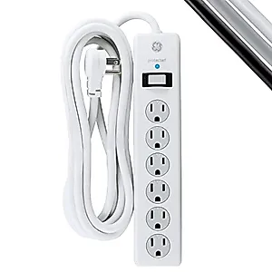 GE 6-Outlet Surge Protector, 8 Ft Extension Cord, Power Strip, 800 Joules, Flat Plug, Twist-to-Close Safety Covers, Protected Indicator Light, UL Listed, White, 14014