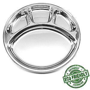 Lifestyle Block Stainless Steel Divided Plate: 4 Section Mirrored Round Plate for use as Plate or Platter