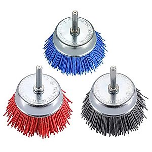 TILAX 3 Inch Abrasive Wire Cup Brush Assorted Cup Brushes 3 Pcs, Nylon Cup Brush for Drill 1/4" Arbor, Grit 80# 120# 320# Cleaning Rust, Stripping and Abrasive, for Drill Attachment