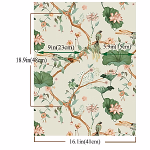 GloryTik 16.14" x 118" Floral Peel and Stick Wallpaper Lotus Leaf Birds Self Adhesive Wallpaper Flowers Contact Paper Beige/Green/Pink Removable Wallpaper for Room Wall Cabinets Decoration