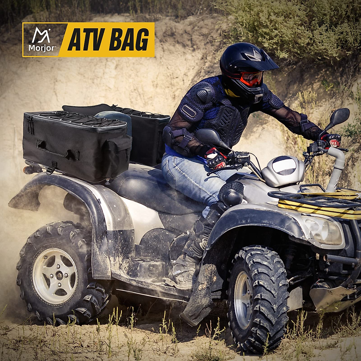 Morjor ATV Storage Bags with Extra Waterproof Cover & Upgraded Zippers, ATV Bag with Back Seat for Passenger