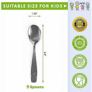 9 Piece Stainless Steel Kids Spoons - Child and Toddler Safe Flatware - Kids Utensil Set - Metal Kids Cutlery Set, Dinner Spoon Set, Small Spoons for Dessert - Includes a Total of 9 Small Kids Spoons