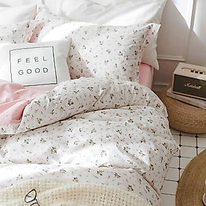 Pink and White Duvet Cover Full Size - 3 Pcs Floral Flower Leaf Pattern Printed Reversible Microfiber Comforter Cover Bedding Set - 80X90 Soft Aesthetic Cottage Preppy Bedroom Decor for Women Girls