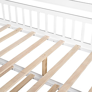 Merax Full Size House Bed with Trundle, Wooden Full Size Platform Bed Frame with Shelf, No Box Spring Needed, White