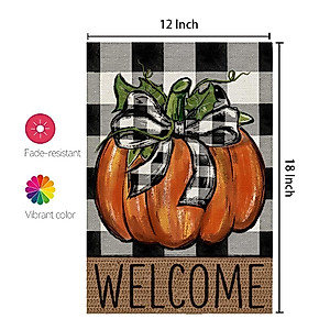 CROWNED BEAUTY Fall Pumpkin Garden Flag 12x18 Inch Double Sided for Outside Thanksgiving Burlap Buffalo Plaid Welcome Small Seasonal Yard Decoration (Orange)