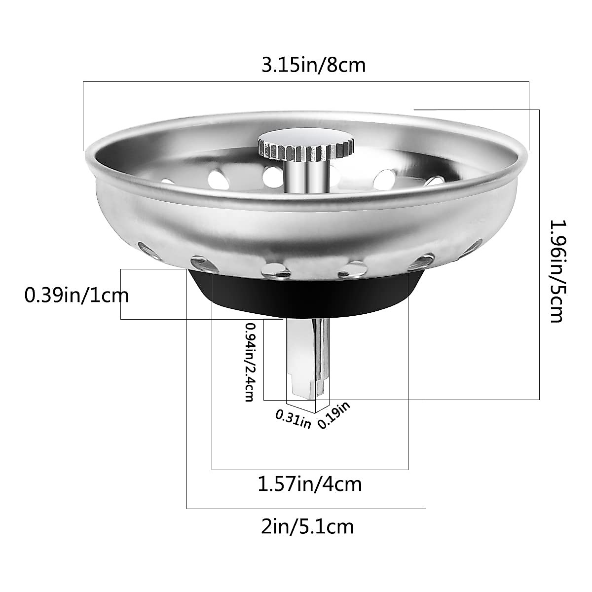 2 Pcs Stainless Steel Kitchen Sink Basket Strainer, Stopper Combo Basket Replacement for Standard Rubber Stopper Bottom with Rubber Stopper Fits Standard 3 1/2” Drains