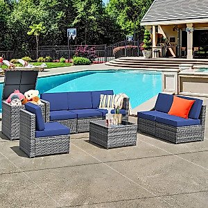 Tangkula 8 PCS Outdoor Patio Furniture Set, Rattan Wicker Sofa Set, Sectional Sofa Couch Conversation Set w/Storage Table and 12 Zippered Cushions for Garden Backyard Poolside (Navy)