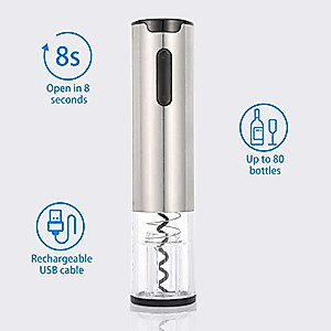 Electric Wine Opener Rechargeable, GOSCIEN Automatic Wine Bottle Opener 4-in-1 Set Gift, Upgraded Electric Wine Corkscrew with Foil Cutter, Vacuum Stopper and Wine Pourer, Battery Indicator Light