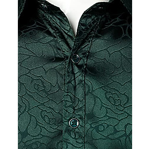 ZEROYAA Men's Hipster Satin Silk Like Full Rose Floral Jacquard Button Up Dress Shirts for Party Prom ZLCL38-Blackish Green Large