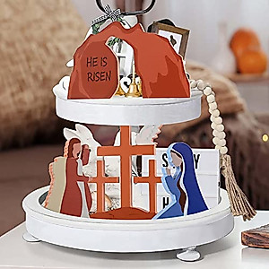 Ufkaa Easter Decorations, 4pcs Religious He is Risen Decor, Wooden Empty Tomb Resurrection Scene, Cross Table Christian Spring Decor, Farmhouse Easter Nativity Tier Tray Decor for Home Mantle