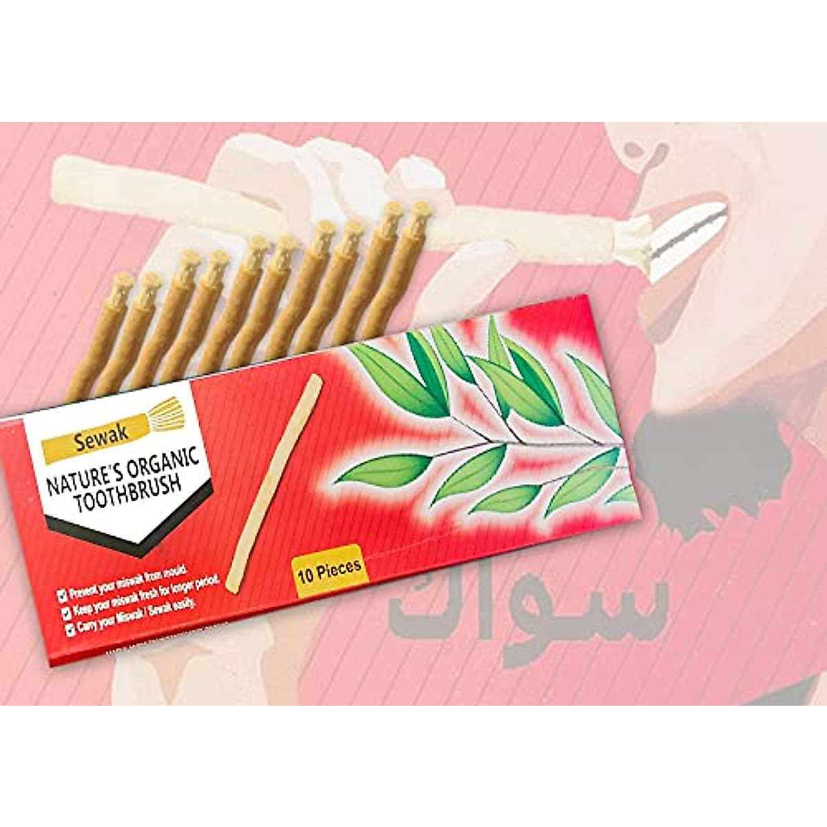 SEWAK Miswak Sticks for Teeth Natural Toothbrush | مسواك | Siwak Organic Wooden Tooth Brush Oral Teeth Whitener with Holder | Vacuum Sealed (10 Pack)