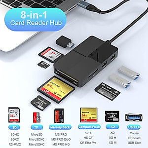 USB C USB3.0 Multi Card Reader Hub, SD/XD/TF/CF/MS Card Slot with 3 USB3.0, 8 in 2 Memory Card Reader/Adapter/Hub for SD SDXC SDHC CF CFI XD MS TF Micro SD Micro SDXC SDHC MS MMC UHS-I USB Stick Mouse