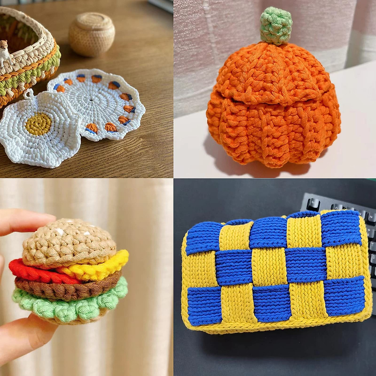 3 Pack Beginners Crochet Yarn Cotton Crochet Yarn for Crocheting Knitting Beginners with Easy-to-See Stitches Cotton-Nylon Blend Crochet Yarn for Beginners Crochet Kit(3x50g)-Blue+Yellow+Hot Pink