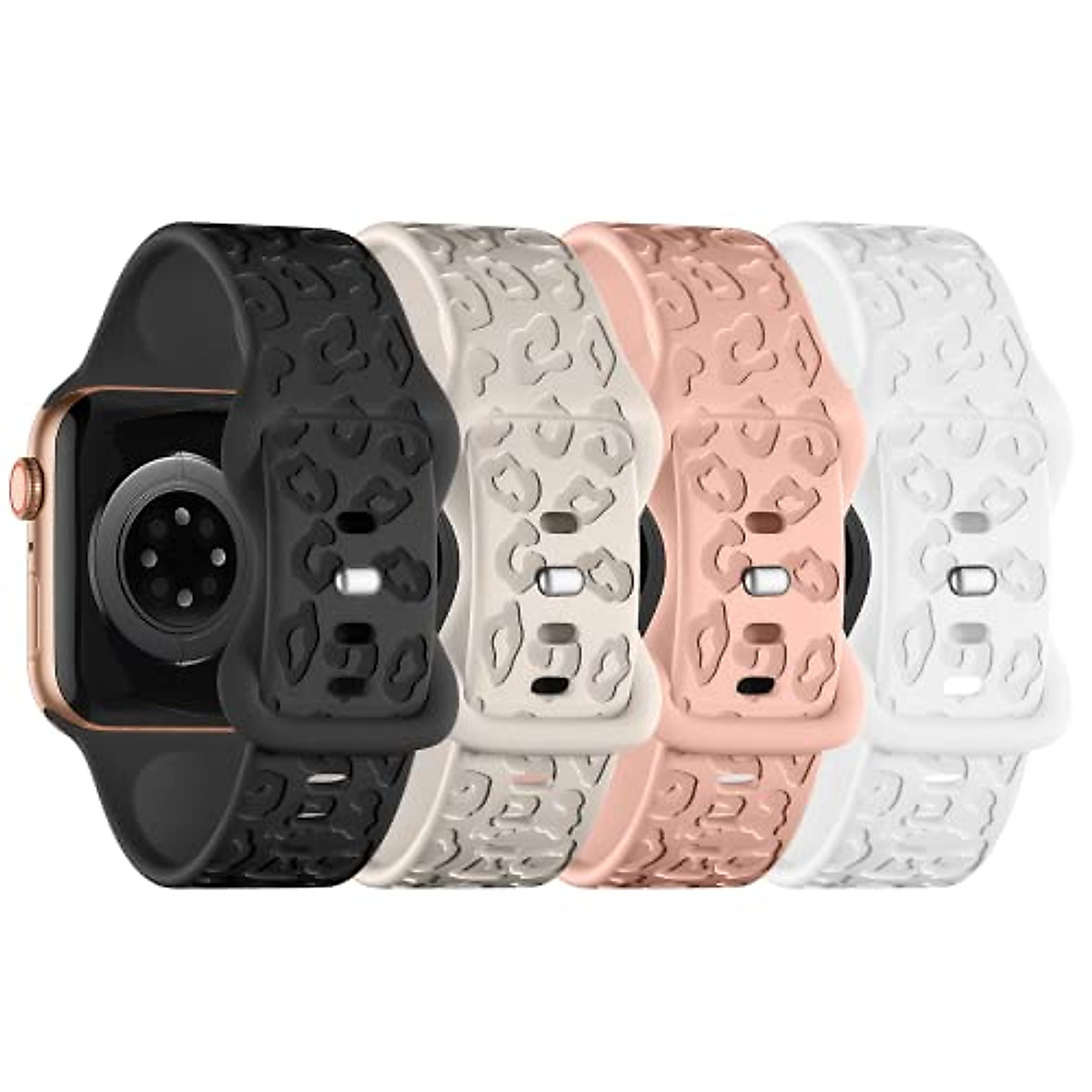 CreateGreat Engraved Bands Compatible with Apple Watch Band 41mm 40mm 38mm, Leopard Carve Pattern Soft Silicone Strap Compatible with iWatch Series 8 7 6 5 4 3 2 1 SE, Women Men,Leopard.4PCS-A