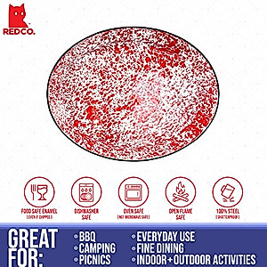 Red Co. Oven Safe Enamelware Metal Classic 16.5” Serving Oval Tray Platter, Red Marble/Black Rim – Splatter Design