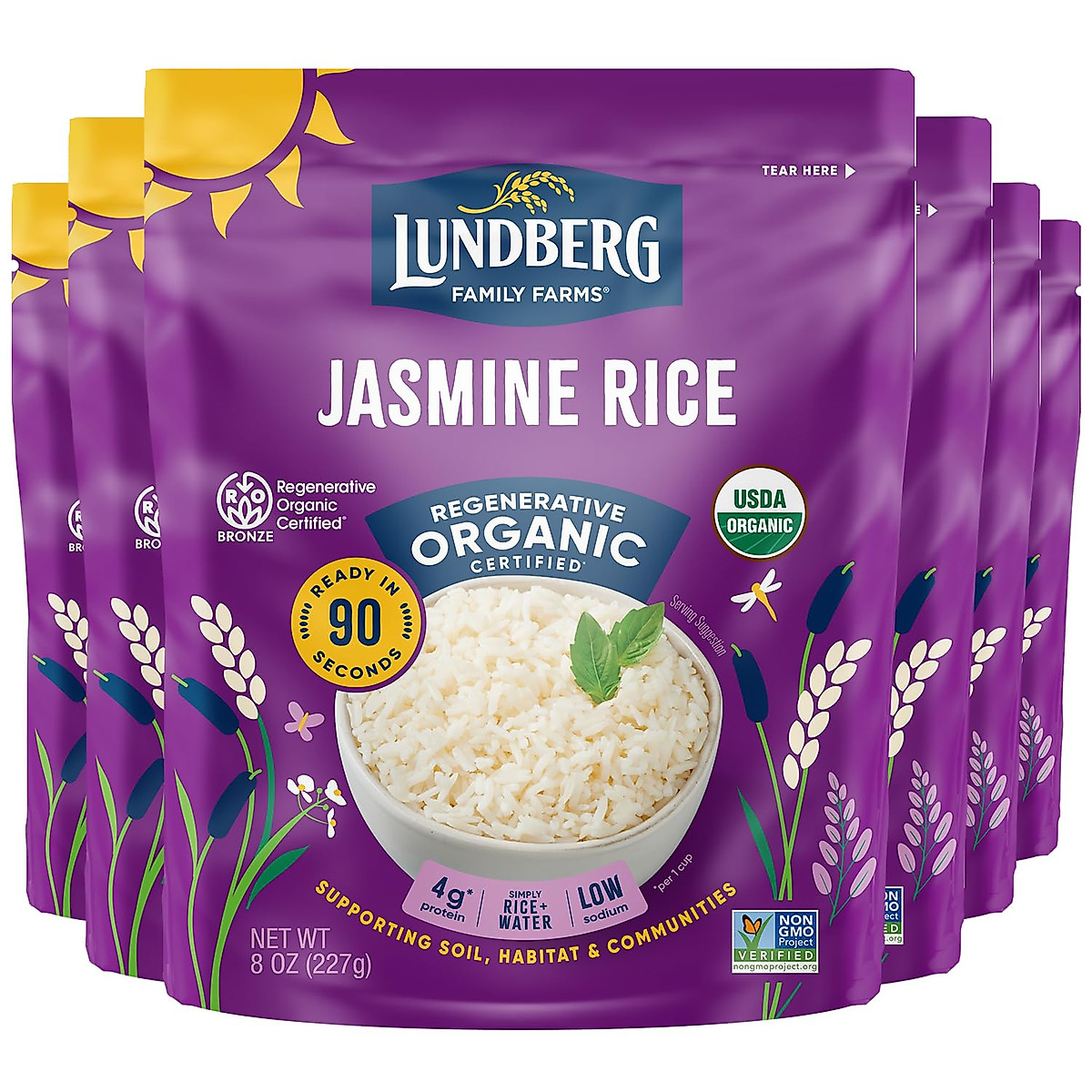 Lundberg Jasmine Rice, Microwave or Stovetop, 6-Pack – Long-Grain, Fluffy & Aromatic, Ready in 90 Seconds, Regenerative Organic Certified, 8 Oz Ea