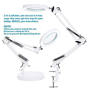 5X Magnifying Glass with Light and Stand, KIRKAS 2-in-1 Real Glass Lens Magnifying Desk Lamp with Clamp, 3 Color Modes, Stepless Dimmable Magnifier Light for Close Work Repair Reading Crafts- White