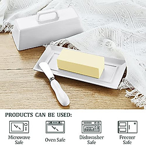 Yedio Porcelain Butter Dish Set with Lid and Knife，Butter Holder with Handle, Perfect for East and West Coast Butter, Dishwasher Safe, White