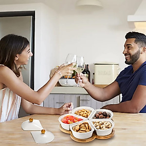 yarlung Lazy Susan Divided Serving Dishes Appetizer Tray, 5 Removable Ceramic Snack Bowls with Lids and Bamboo Platter, Relish Tray Nuts Dishes for Chips, Fruits, Candy