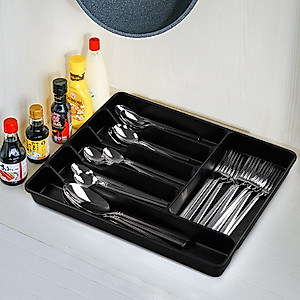 Morcte 1-Pack Plastic Silverware Cutlery Tray Organizer, Cutlery Holder Trays, Black