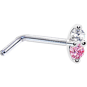 Body Candy Solid 14k White Gold Clear Pink 1.5mm CZ Marquise L Shaped Nose Stud Ring 18 Gauge 1/4"