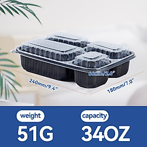 EKOSAVOR Meal Prep Container, 4 Compartment 40 Pack 34oz - Reusable Bento Boxes for Food Storage and Portion Control - To Go Containers for Meal Planning - BPA Free Microwave and Freezer Safe