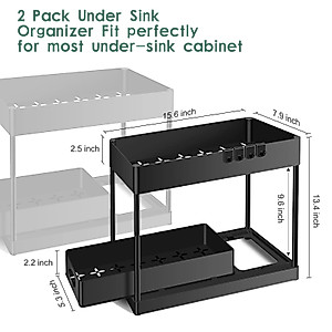 2 Pack Under Sink Organizers and Storage, 2-Tier Bathroom Organizer with Pull-Out Drawer & Hooks, Under the Sink Kitchen Cabinet Organizers Shelf for Countertop Laundry Organization and Storage-Black