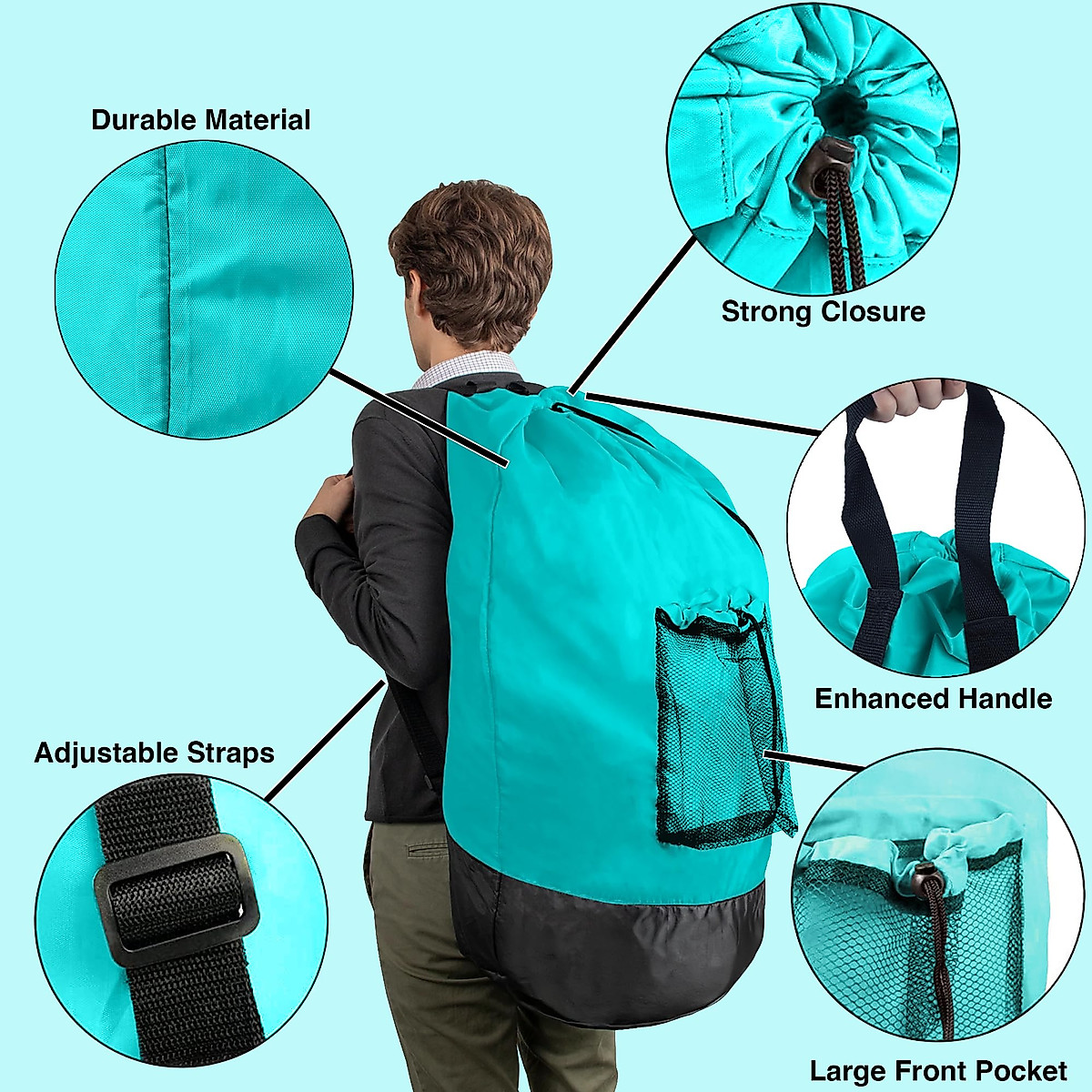 Laundry Bag Backpack with Shoulder Straps and Mesh Pocket Laundry Backpack Large Portable Laundry Hamper for College Laundromat Apartment with Drawstring Closure, Adjustable Back Straps (Turquoise)