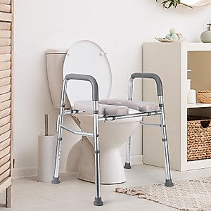 Raised Toilet Seat, 350LB Stand Alone Homecare Commode Bathroom Assist Frame for Elderly, Handicapped, Disabled, Adjustable Height, Padded Seat