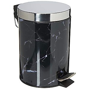 Mini Modern Black Marble & Silver Round Step Trash Can by Home Basics | 3 Liter Compact Garbage Bin with Removable Liner Bucket and Handle for Bathroom, Office, or Powder Room