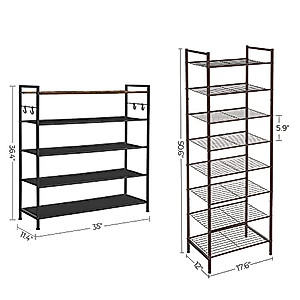 SONGMICS 5-Tier Shoe Storage Organizer and 8-Tier Tall Storage Rack Bundle, Shoe Storage Shelf, Narrow Shelf Organizer, Adjustable Feet, Rustic Brown, Black and Bronze ULMR035B01 and ULMR028A01