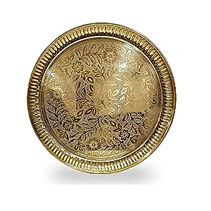 Craftsman 10 Inch Pure Brass Nakshi Flower Design Embossed Aarti Puja Nakashi Thali Platter Prasad Chandan Karwachauth Diwali Indian Festival Hindu Rituals Mandir Temple Pooja Plate