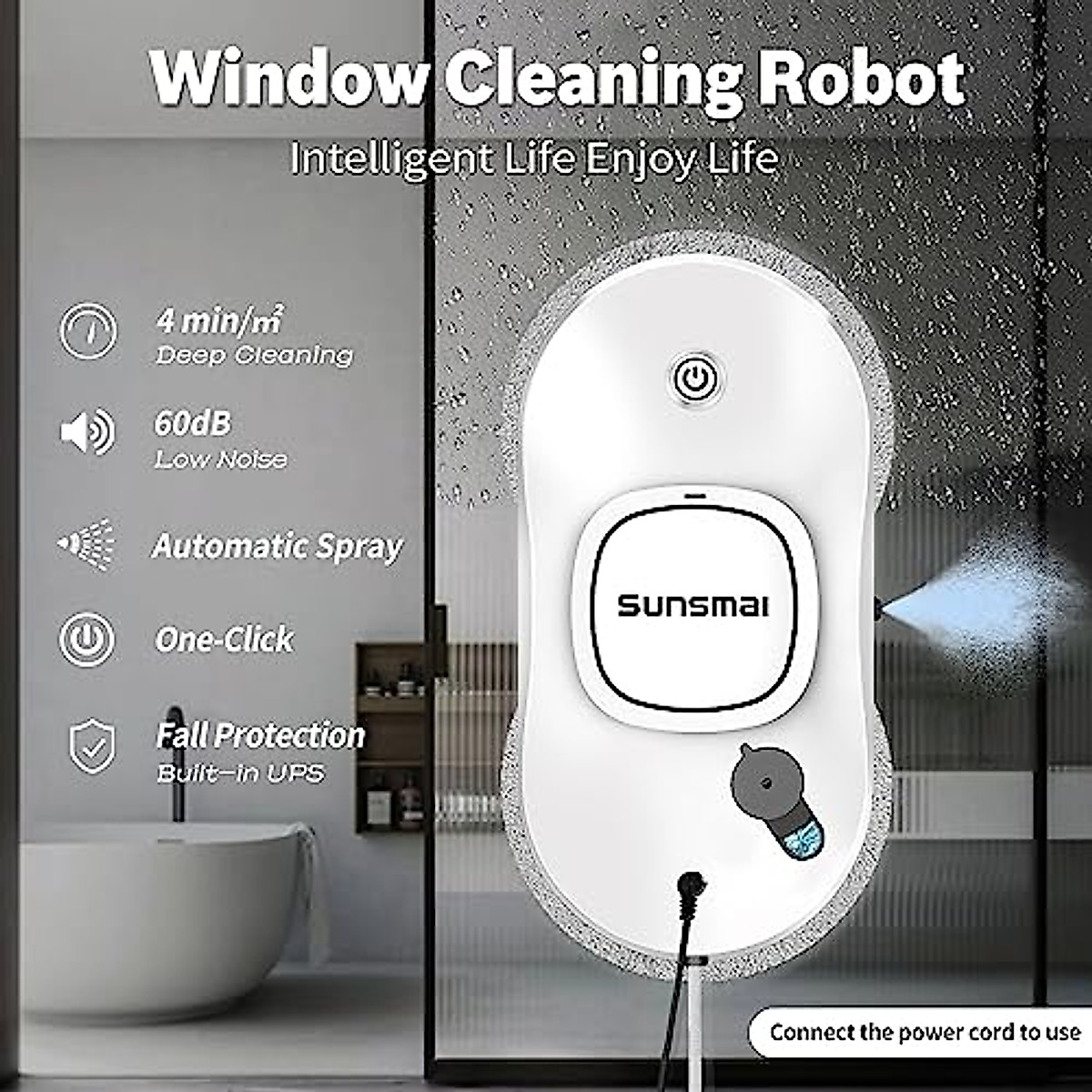 Window Cleaning Robot, SUNSMAI Smart Window Vacuum Cleaner with Automatic Water Spray, Remote Control Robot Window Washer for Windows/Tiles/Glass Door(White)