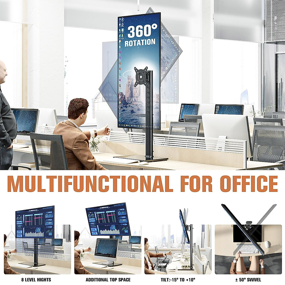 Single Monitor Stand Freestanding 27-43 Inch Monitor Arm Curved Screen Monitor Mount Tempered Glass Base Adjustable Motion Tilt -15° to 10° Swivel ±45° Rotation 360° Weight Capacity 77lbs HT05B-003