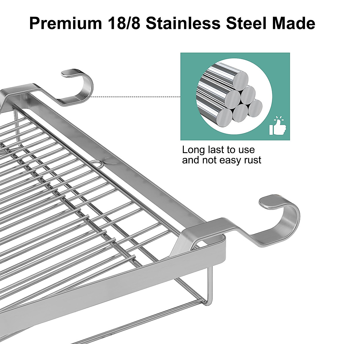 TQVAI Stainless Steel Hanging Dish Drainer Folding Dish Drying Rack with Rod, Drainboard and Hanging S Hooks - Silver