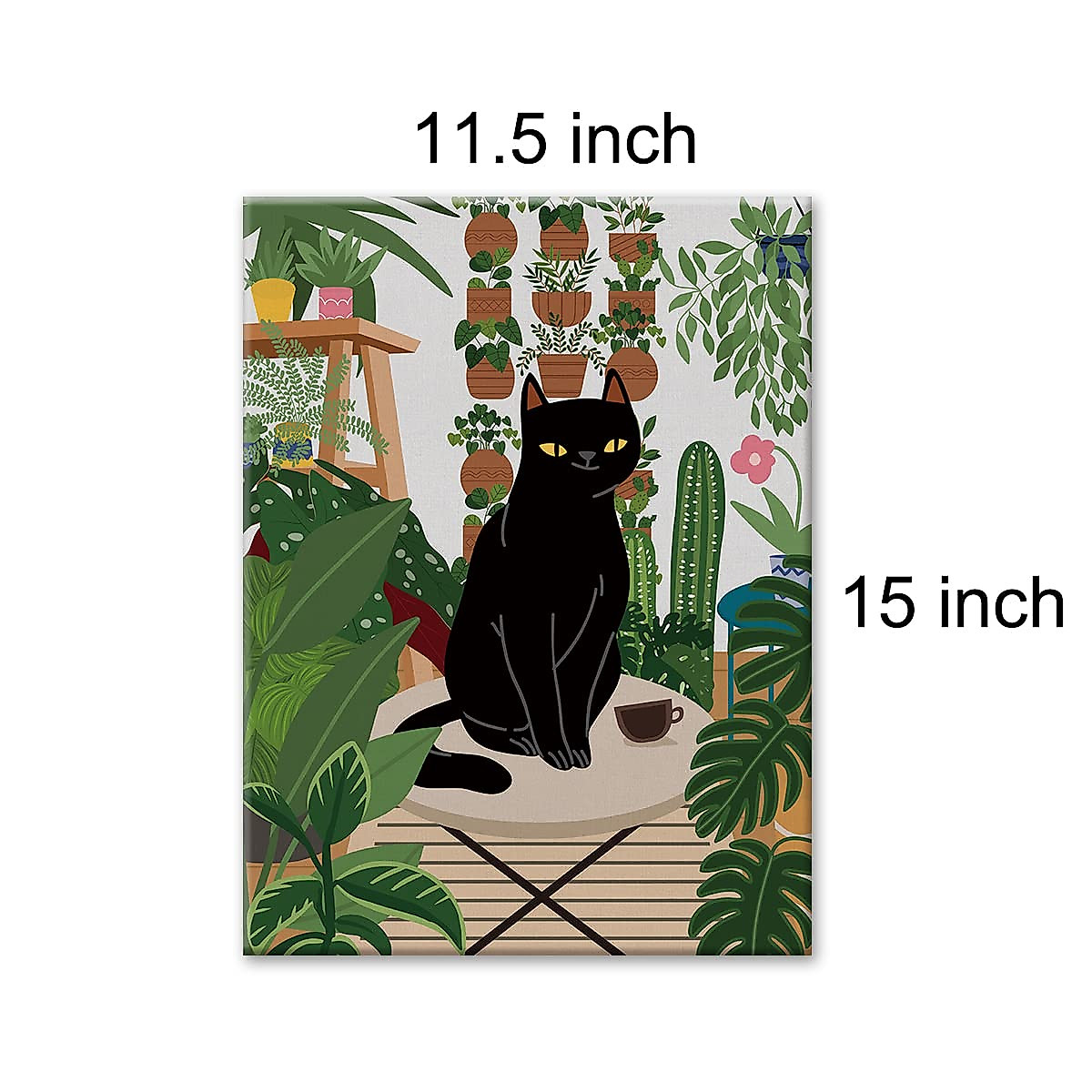 Black Cat and Plants Canvas Wall Art Poster Print, Modern Botanical Black Cat Painting Ready to Hang Home Office Living Room Decor Gift (11.5" x 15")