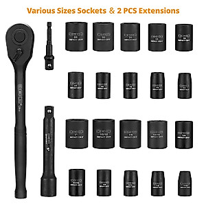 DEKOPRO 1/2-Inch Impact Socket Sets, 23 Pieces Drive Socket Set Mechanic Tool Set with 72 Teeth Reversible Ratchet, 1/2" Drive Metric/SAE, CR-V Steel