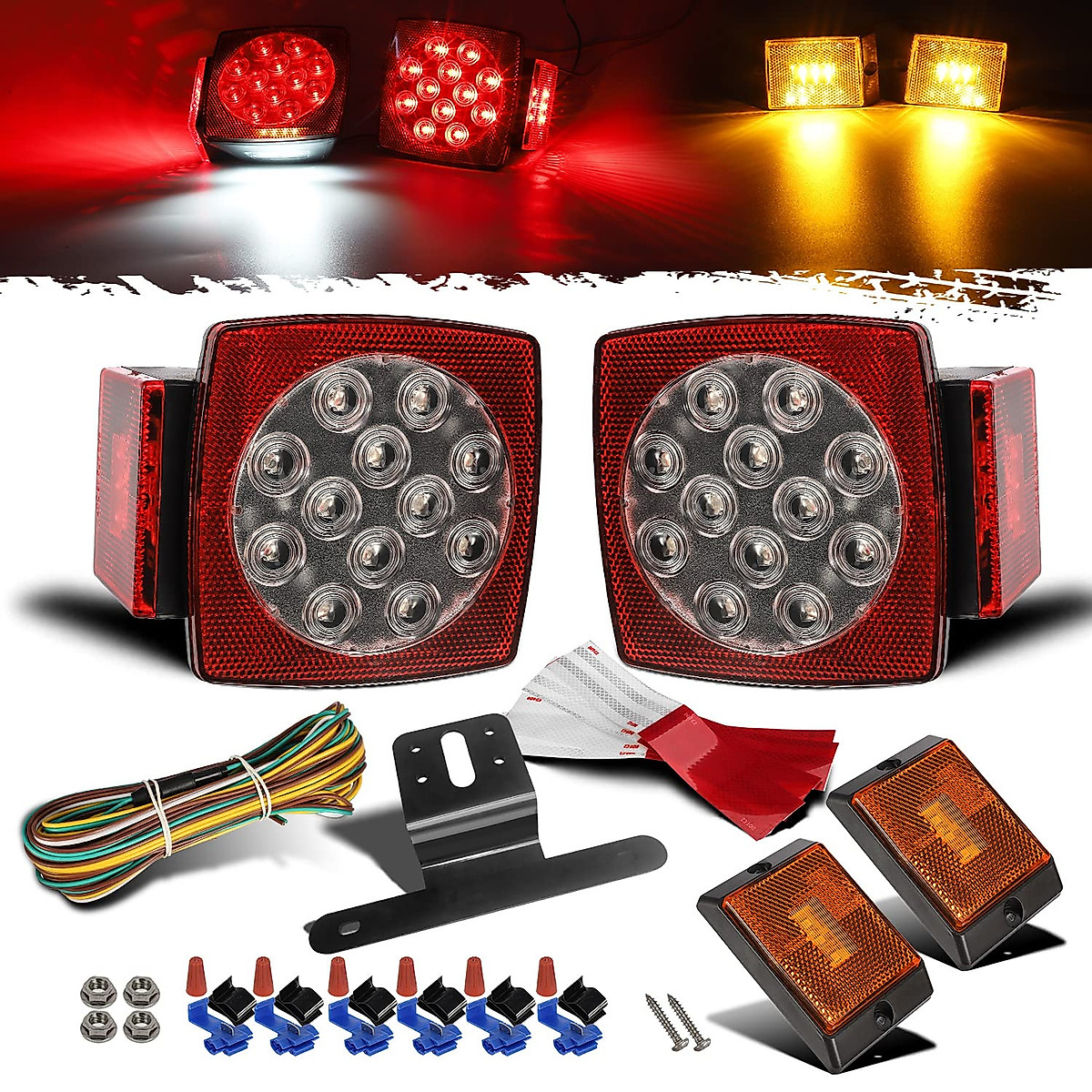 Partsam 12V Waterproof Square LED Trailer Tail Light Kit Clear Lens Red Trailer Brake Stop Tail Turn Signal Running Lights License Kit for Camper Truck RV Boat Trailer Snowmobile Marine Under 80"